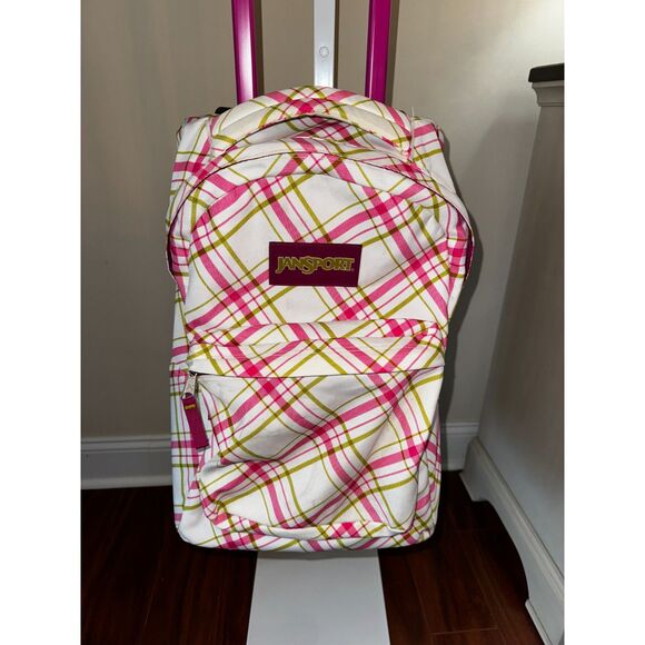 Jansport | Bags | Jansport Pink And Green Plaid Rolling Back Pack Great ...